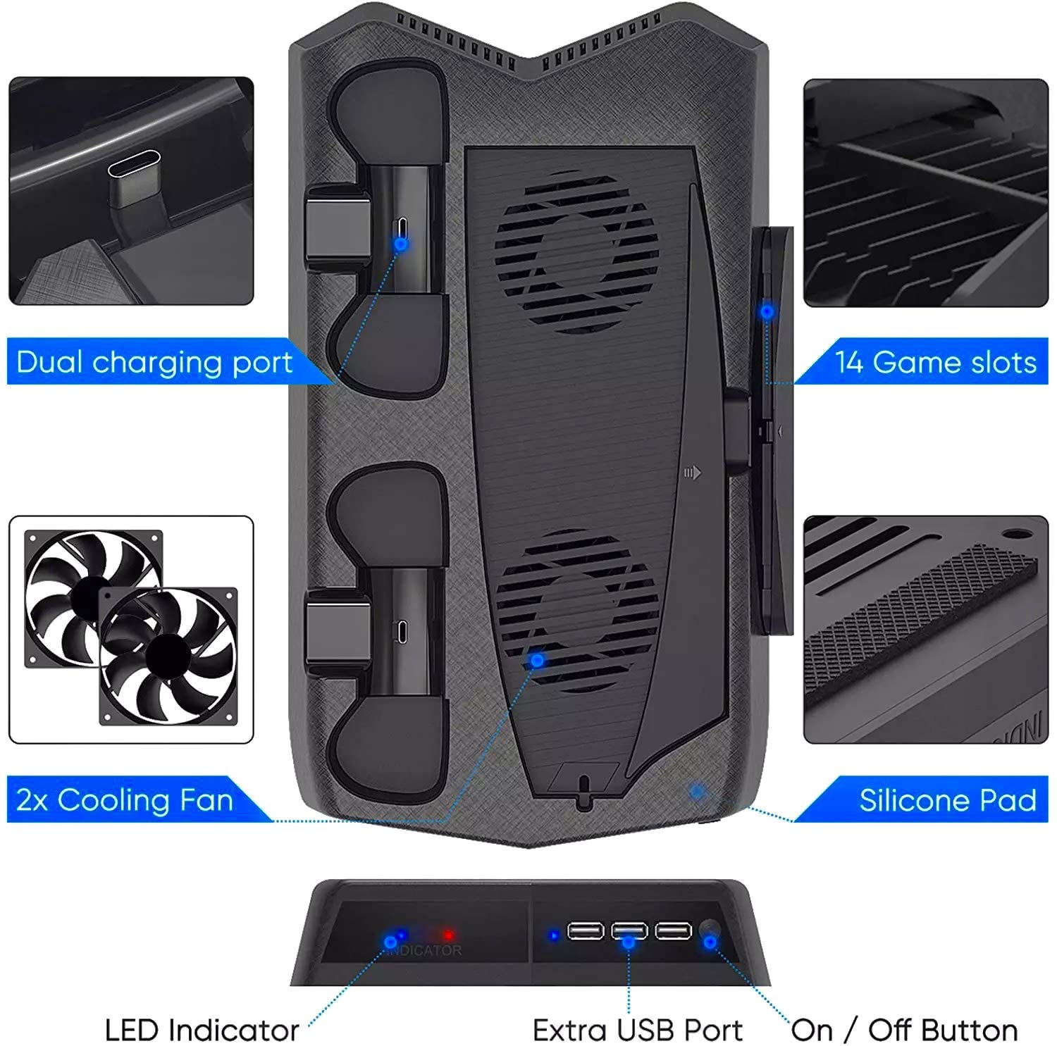 AlbTec Vertical Charging Stand with Cooling Fan compatible with PS5 Console and PlayStation 5 Digital Edition/Ultra HD Dual Controller Charger with LED Indicators plus 3 USB HUB and 14 Games Slots