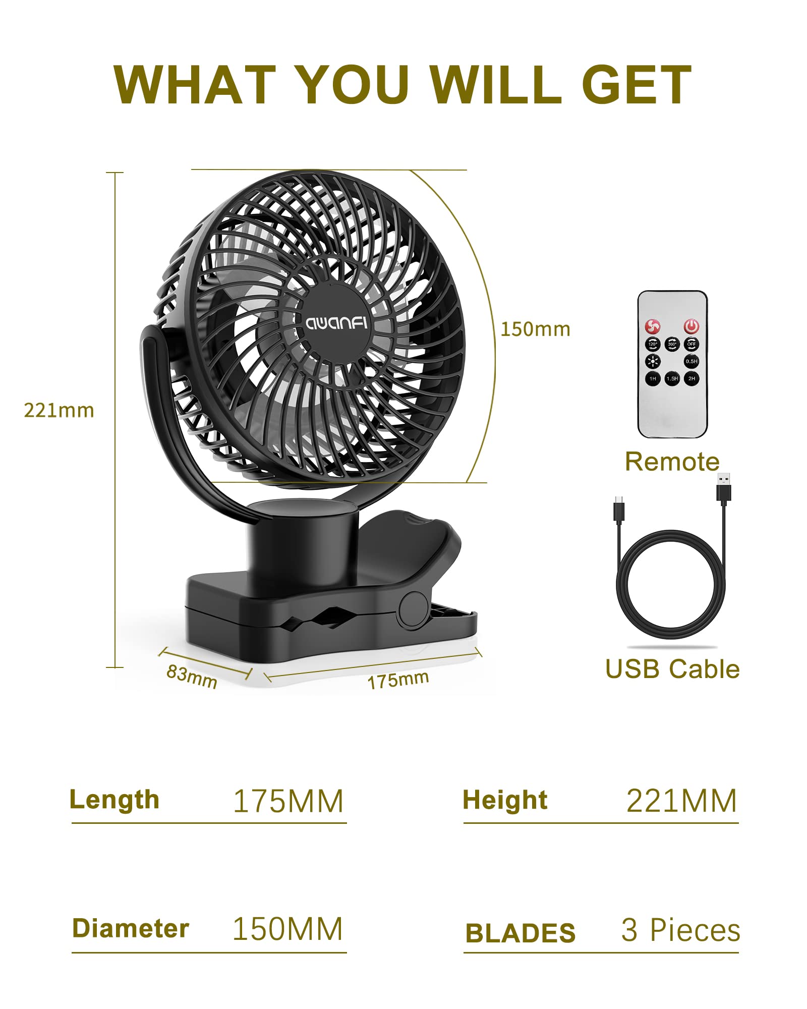 AWANFI Oscillating Fan with Remote, Camping Fan with LED Light, 4 Speeds, Hanging Hook, Clip On Fan for Tent, Desk, Stroller, Camping, Office, Home