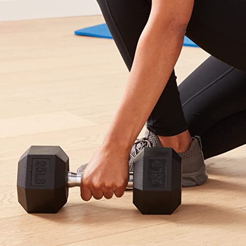 Amazon Basics Rubber Encased Exercise & Fitness Hex Dumbbell, Hand Weight For Strength Training, 25 lb, 11.3 Kilograms, Black & Silver(Pack of 1)