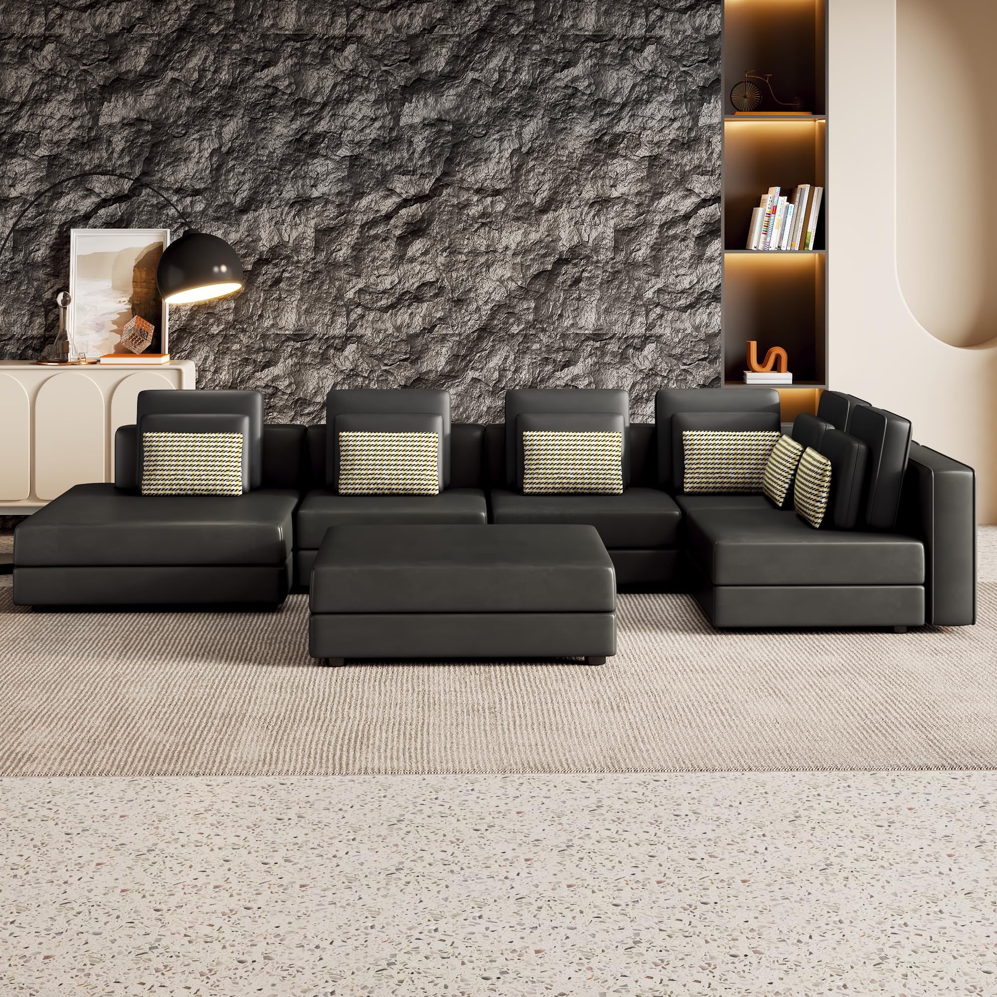 Olodumare Oversized Modular Technical Leather Sectional Sofa Couch,U Shaped Convertible Corner Couch with Reversible Chaise Lounge and Movable Ottoman, Living Room Furniture Sets,Grey