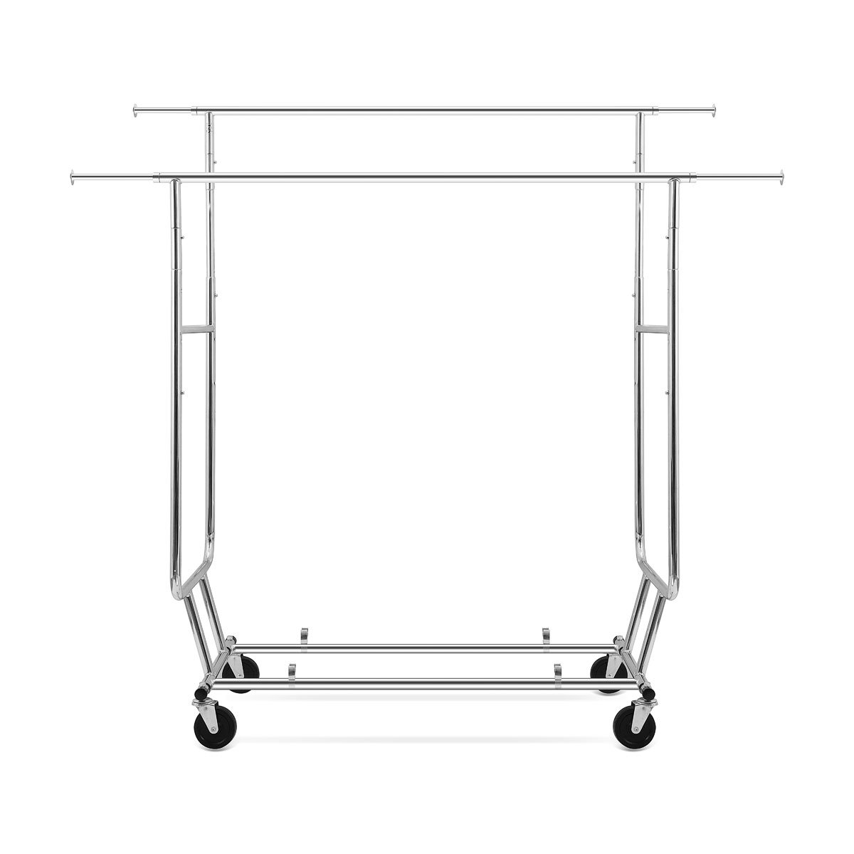 Double Rail Garment Rack with Adjustable Extendable Rails, Chrome Finish Collapsible Clothing Rack, Commercial Grade Clothes Drying Rack, Rolling Racks with Wheels