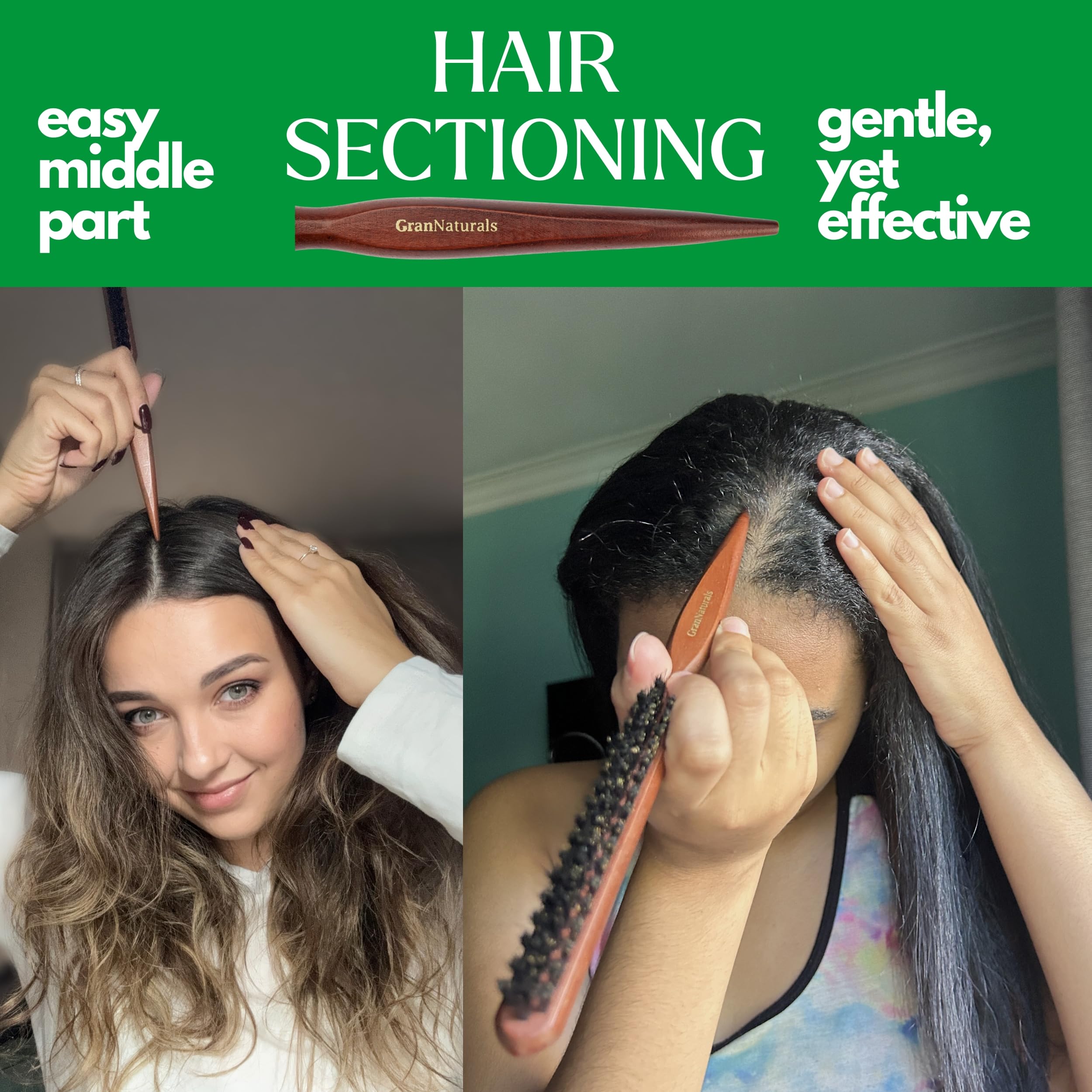 GranNaturals Teasing Boar Bristle Hair Brush for Women - Slick Back Comb with Rat Tail Pick for Hair Sectioning Used for Edge Control, Backcombing, Smoothing, and Styling Fine Hair to Create Volume