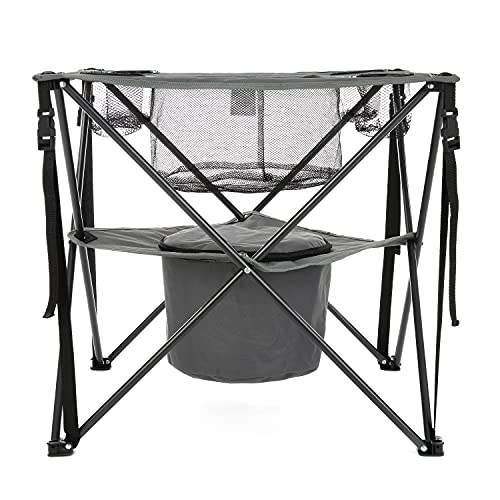 ARROWHEAD OUTDOOR 33.5β Portable Folding Tailgate Table, 4 Cup Holders, Food Basket, Insulated Cooler, No Sag Surface, Square, Carrying Case, Steel Frame, High-Grade 600D Canvas, USA-Based Support