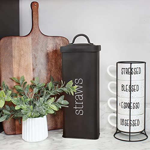 AuldHome Farmhouse Enamelware Straw Holder (Black); Retro Metal Straw Storage Canister