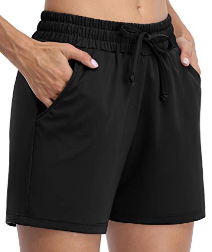ATTRACO Women's Lounge Running Shorts Elastic Waist Gym Athletic Shorts with Pockets, Black(Medium)