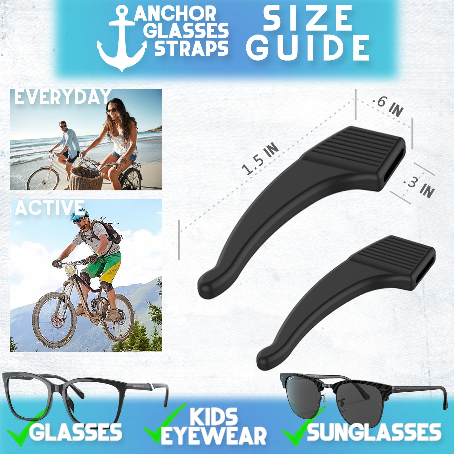 Anchor Glasses Straps - 3 Pack - Sunglasses Retainer Anti-Slip Glasses Grip Ear Hook Eyeglasses Anti-Slip Temple Tip Glasses Holder (Black)