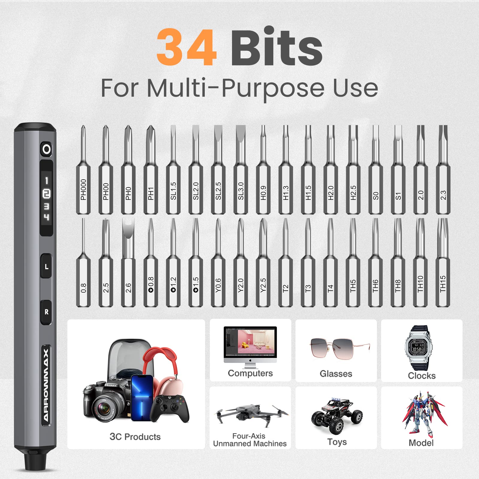 AM ARROWMAX Electric Screwdriver, Precision Screwdriver w/ 34 Magnetic Bits, 4 Torque Settings, Red Dot, IF Winning Design, Rechargeable Mini Cordless Power Screwdriver for Phone, Laptop, Camera, Gray