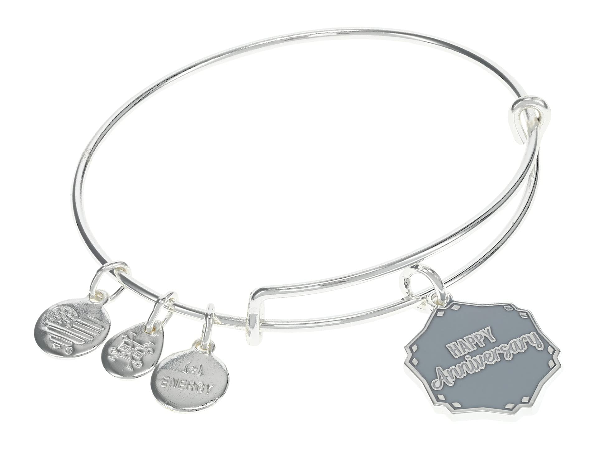 Alex and Ani Occasions Expandable Bangle for Women, Happy Anniversary Charm, Shiny Silver Finish, 2 to 3.5 in, One Size (A21EBANNSS)