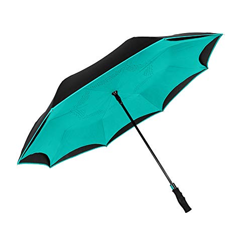 StrombergBrand Inversa Umbrella (Reversible Umbrella), Double Layer Large Windproof, Waterproof & Lightweight Inverted Umbrella For Women and Men, Self Standing Umbrella Reverse Close - Teal Blue