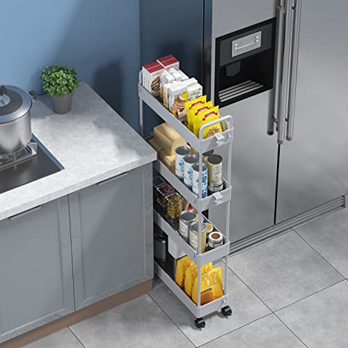 SOLEJAZZ Slim Storage Cart, 4 Tier Bathroom Organizer Mobile Shelving Unit, Rolling Utility Cart Slide Out Organizer for Kitchen, Bathroom, Laundry, Narrow Places, Gray