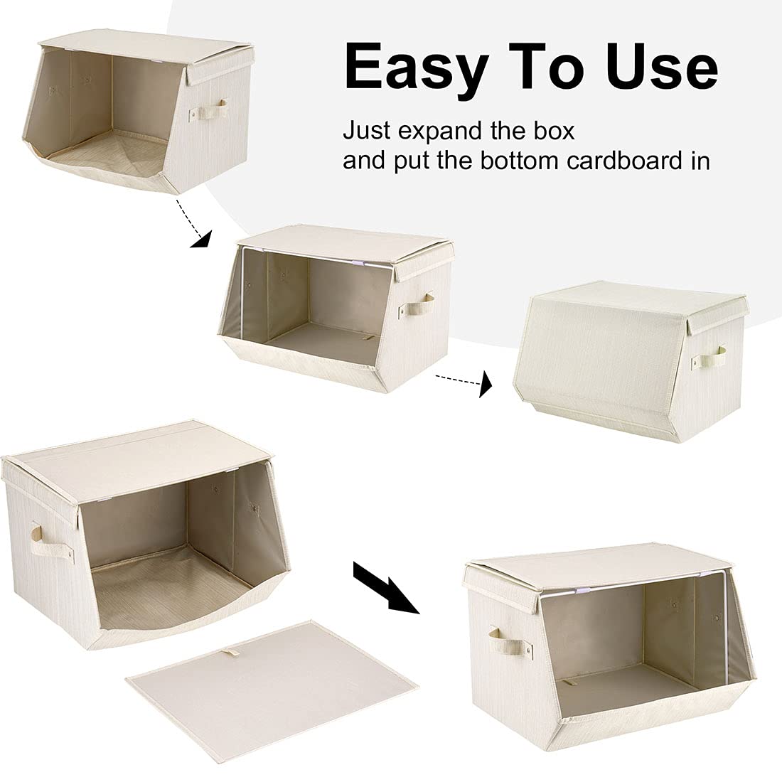 i BKGOO Set of 2 Stackable storage bins,Linen Fabric Foldable Storage Organizer Cubes Box whits Lids and Own-Handle Storage Organizer Bins for Home Office Nursery Living Room Beige 15x10.5 x10inch