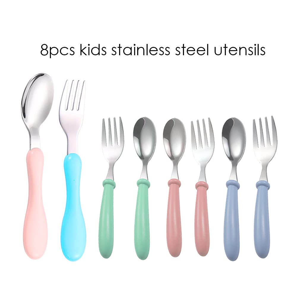 AWEELON 8PCS Kids Utensils,Toddler Utensils Stainless Steel Baby Forks and Spoons Silverware Set with Round Handle for Lunch Box