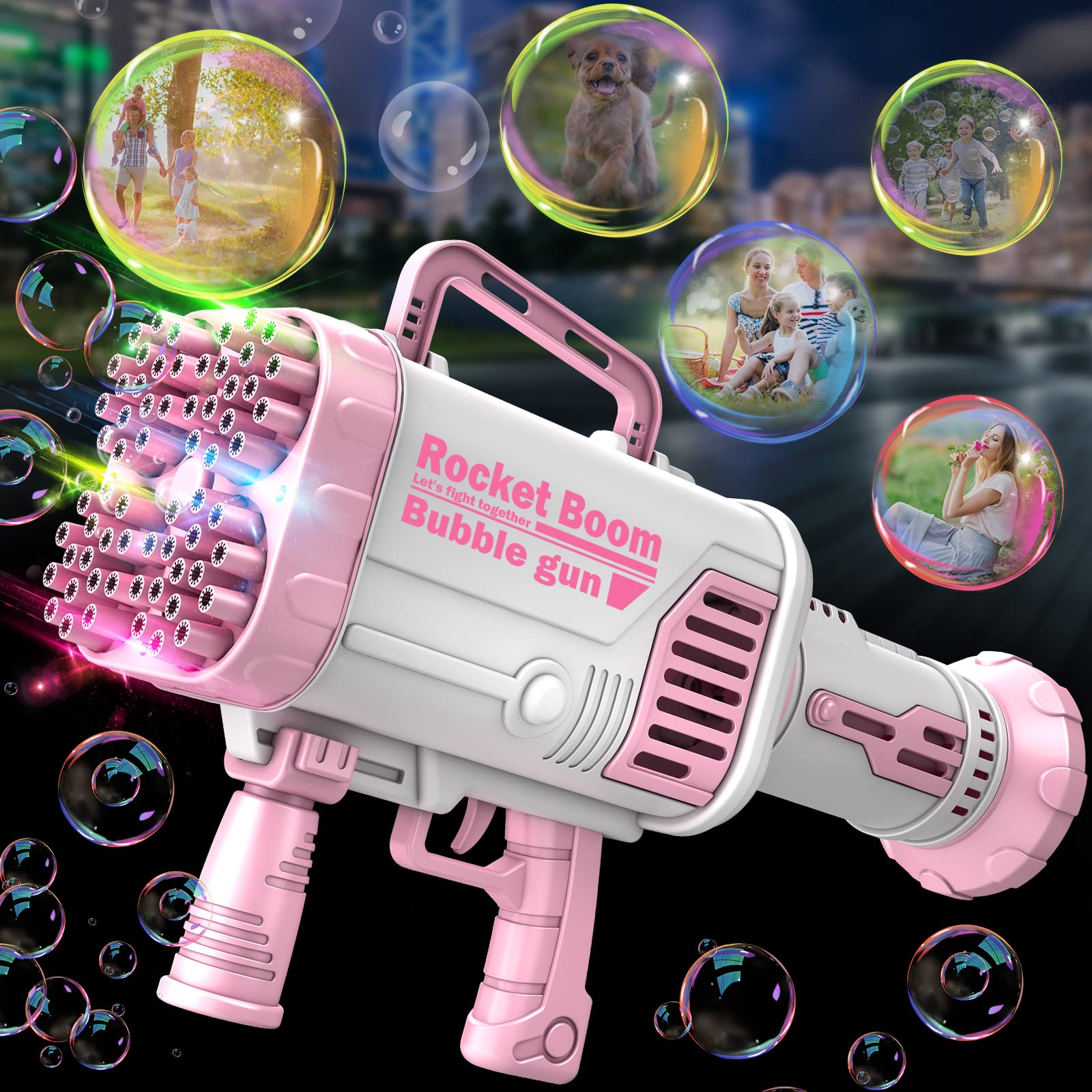 AZfiner Bubble Machine Gun - 64 Holes Bubble Machine with Lights Electric Bubble Maker with Bubble Solution Bubble Blower Summer Toys for Kids Bubble Guns for Wedding Birthday Party (OldPink)