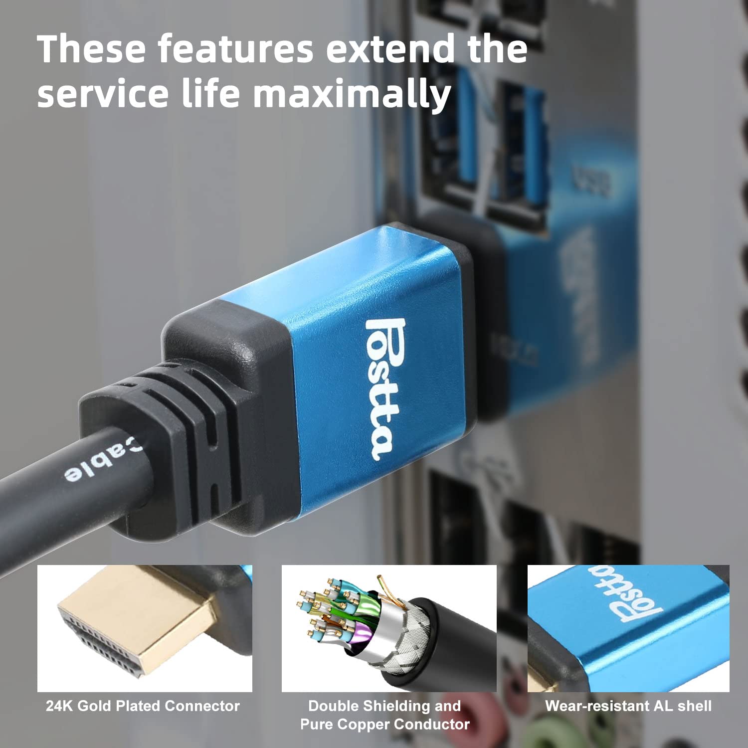 Postta HDMI 2.0V Cable(50 Feet) Support 4K 2160P,1080P,3D,Audio Return and Ethernet - 1 Pack(Blue)