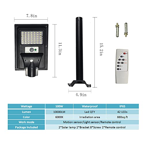 GLW 100W Solar Street Light, IP65 Solar Lights Outdoor Waterproof, Solar Lights for Outside with Remote Control and Motion Sensor for Yard,Garden, Stadium,Parking Lot (2 Pack)