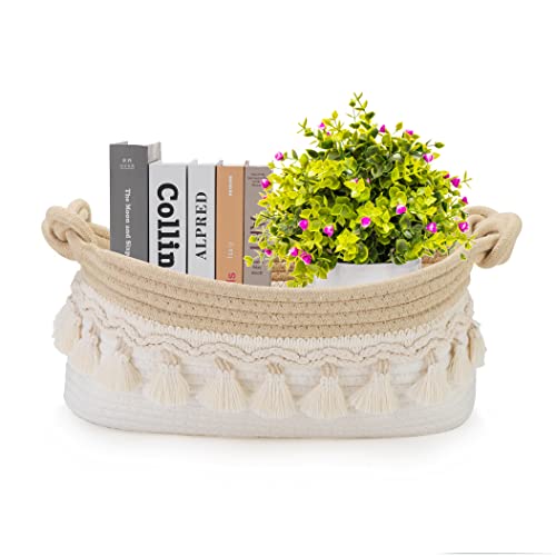 Woven Baskets for Organizing, 14"x5.5"x6" Small Baskets for Gifts Empty Toilet Paper Storage with Knot Tie Handles Decorative Basket for Boho Bathroom Decor Shelves Bedroom Nursery Entryway