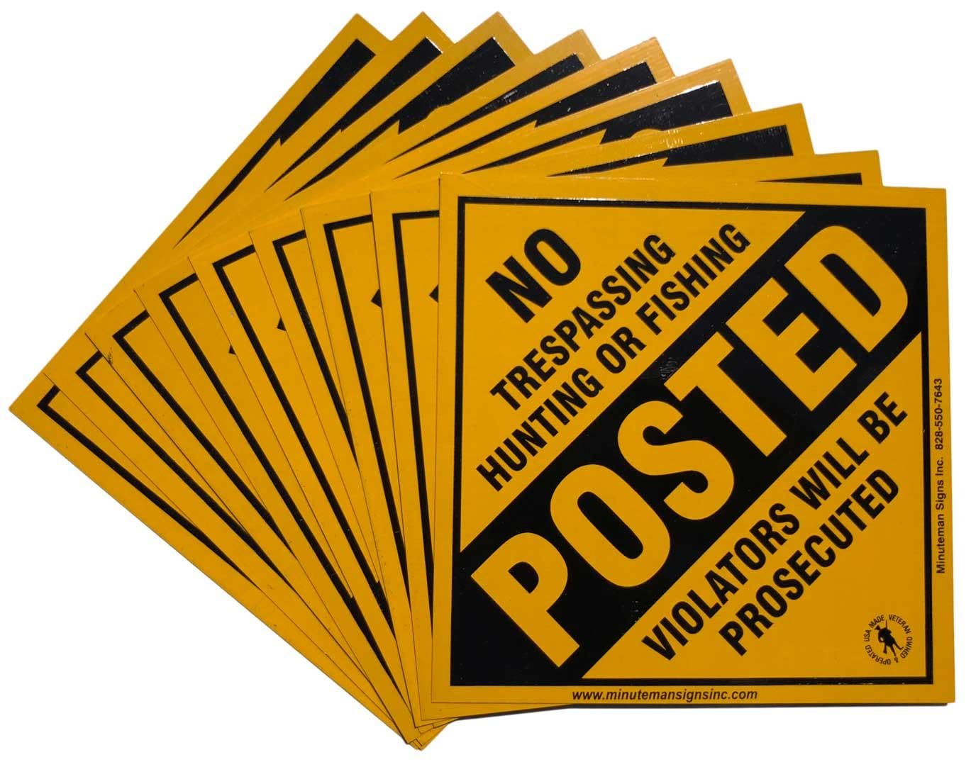 No Trespassing, No Hunting, No Fishing, Boundary Marker, Small, Diamond, Aluminum, Yellow, 10 Pack