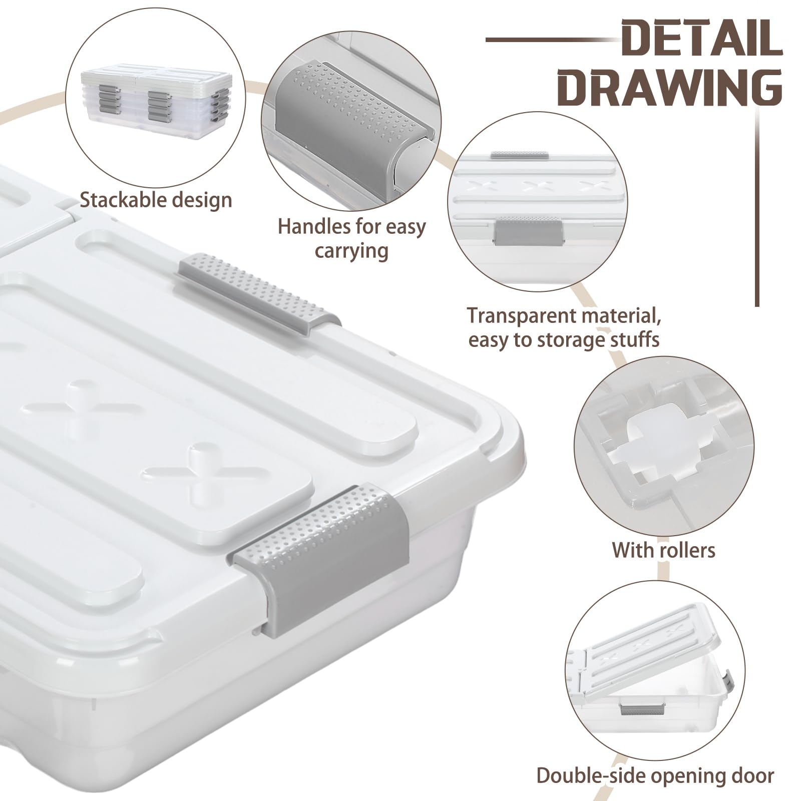 Beeveer 4 Pcs Plastic Under Bed Storage Containers with Double Opening Lids Wheel Handle, Transparent Large Capacity Stackable Latching Storage Bins for Closet Bedroom, 31.5 x 15.8 x 5.2 Inch(White)