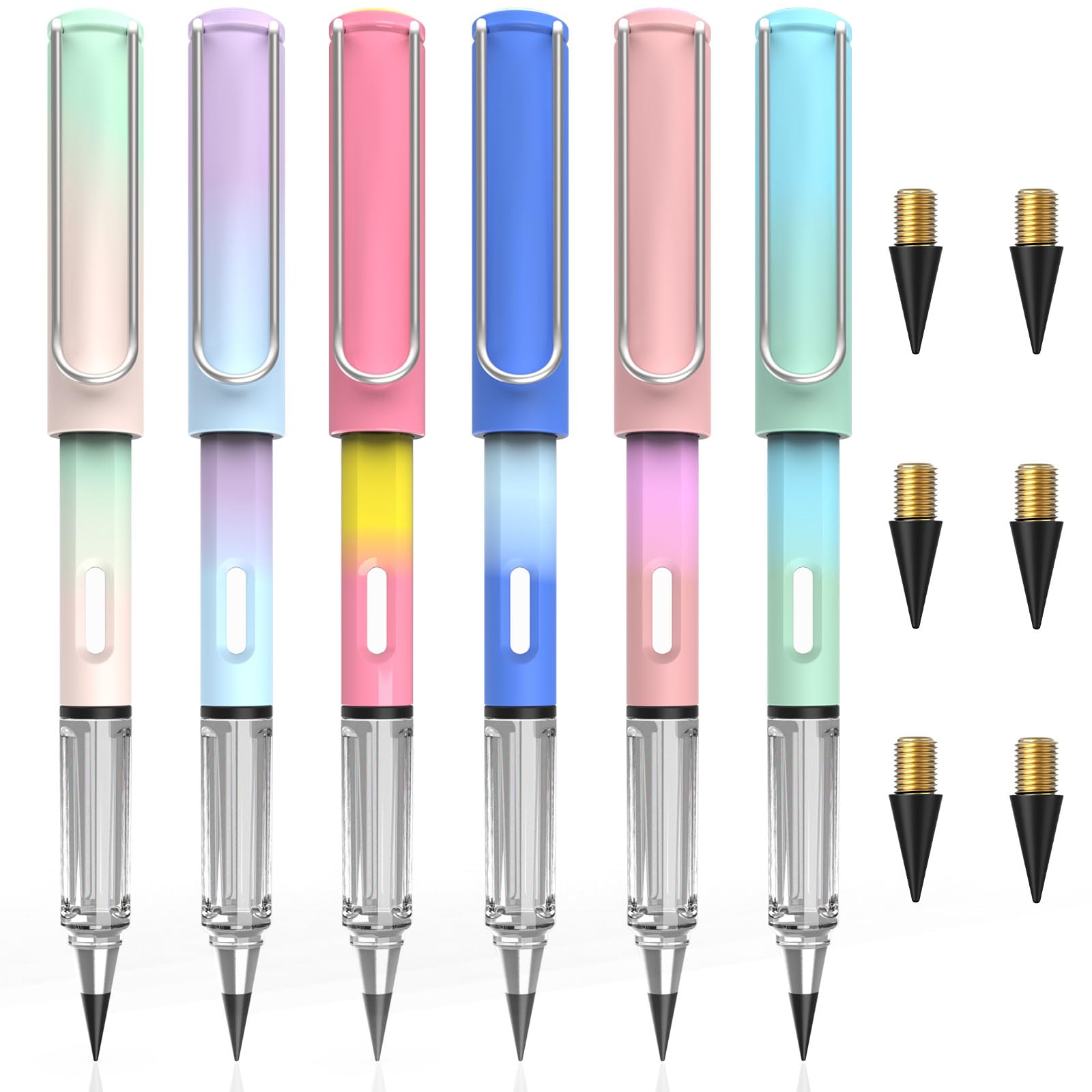 ALECPEA 6pcs Everlasting Pencil Infinite Pencil, Infinity Pencil with Eraser, Inkless Magic Pencils Eternal with 6pcs Replacement Nibs(Gradient)