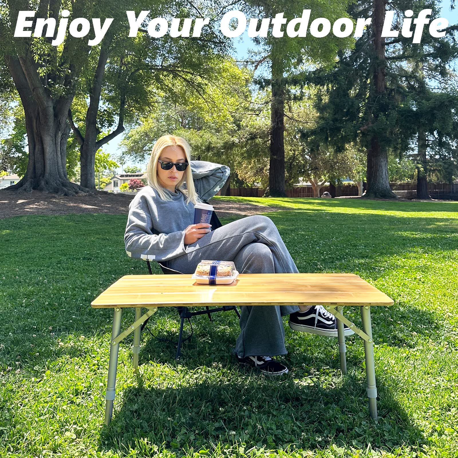 ATEPA Bamboo Folding Table Portable Camping Table with Carry Bag Heavy Duty Adjustable Height Bamboo Table, Easy to Carry and Clean, Great for Outdoor Picnic Beach Backyard, 31.5"(L) x 23.6"(W)