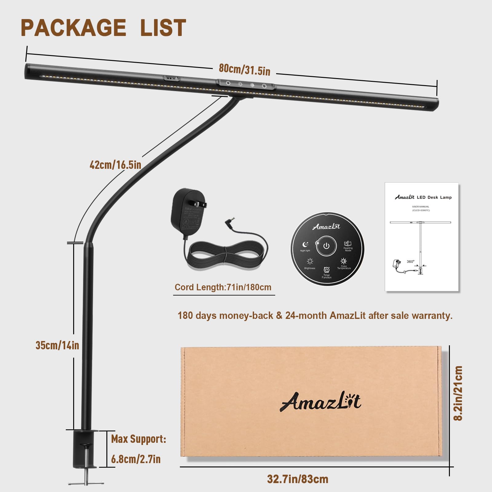 AmazLit Desk Lamp 31.5" W, Desk Lamp for Home Office, Gesture Sensing Desk Light, Monitor Light, Adjustable Color Temperature & Brightness, Table Lamp 24W Brightest, Black