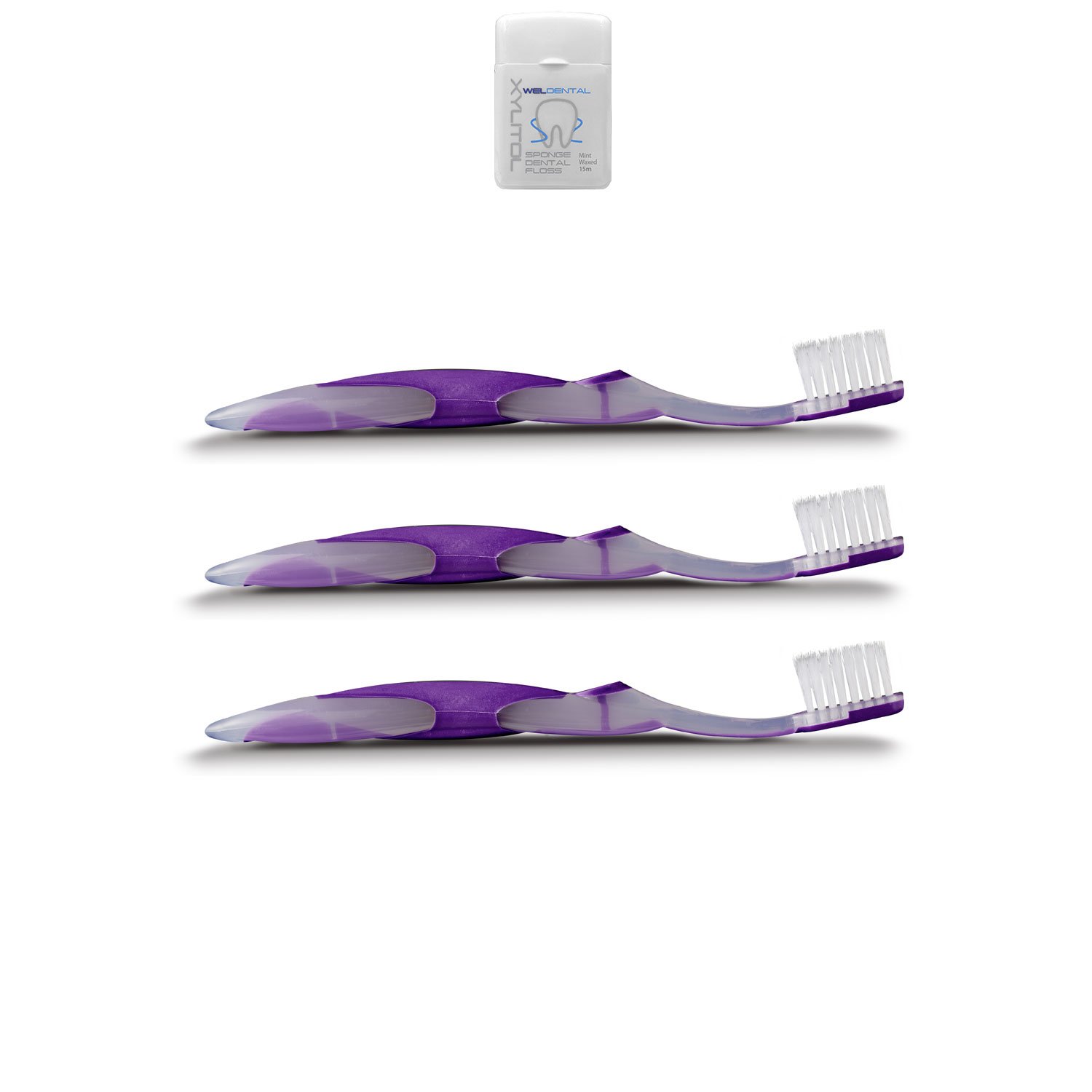 WELdental SoFresh Flossing Toothbrush - Kids Size Soft | You Choose Color and Quantity | Bundle with (1) Mint Xylitol Dental Floss Kid Size (3-Pack, Purple)