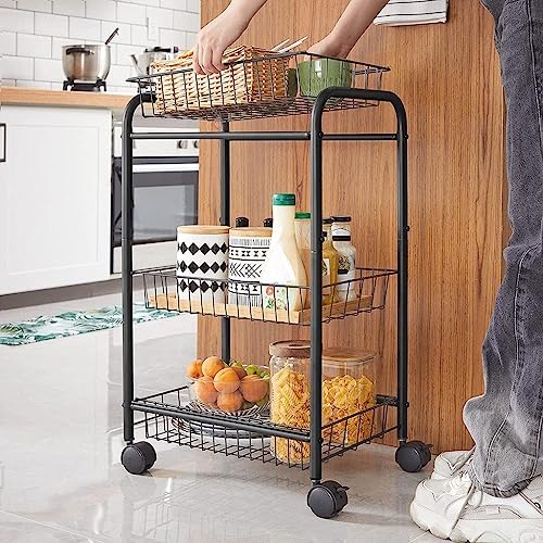 SONGMICS 3-Tier Metal Rolling Cart, Storage Cart with Removable Baskets, Utility Cart with Wheels and Handle, for Kitchen, Bathroom, Laundry Room, Black, UBSC03BK