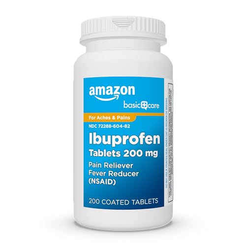 Amazon Basic Care Ibuprofen Tablets, Fever Reducer and Pain Relief from Body Aches, Headache, Arthritis and More, Brown, 200 Count