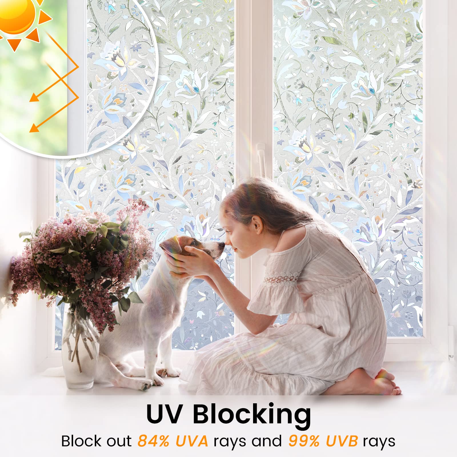 DOWELL Window Privacy Film, 3D Stained Glass Rainbow Window Decals, Decorative Window Vinyl Sun Blocker Door Covering, Static Cling Non-Adhesive Window Sticker for Home, Blooming Flowers, 17.5"x78.7"