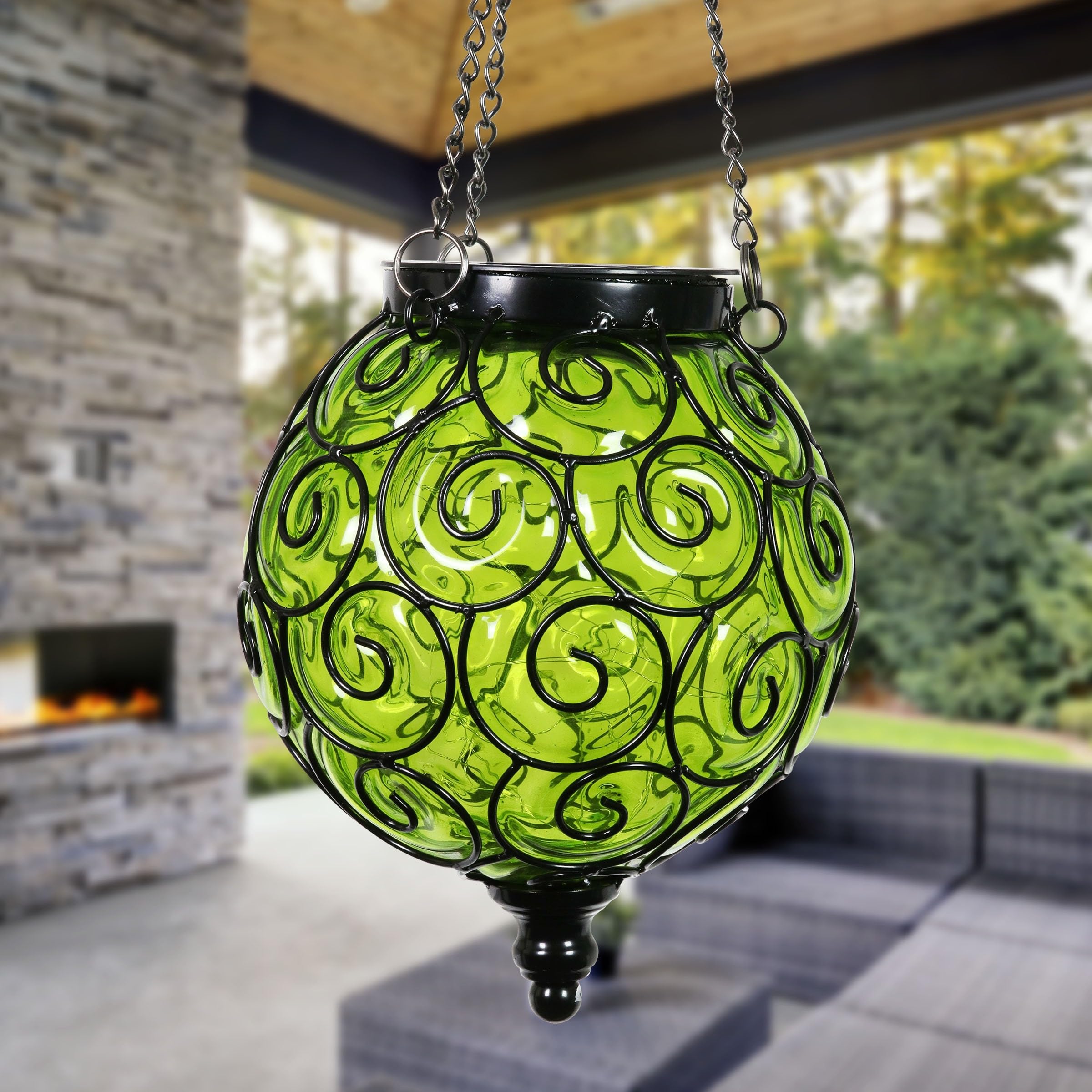 Exhart Outdoor Garden Solar Lights, Round Glass and Metal Hanging Lantern, 15 Firefly LED Lights, 7 x 20 Inch, Green