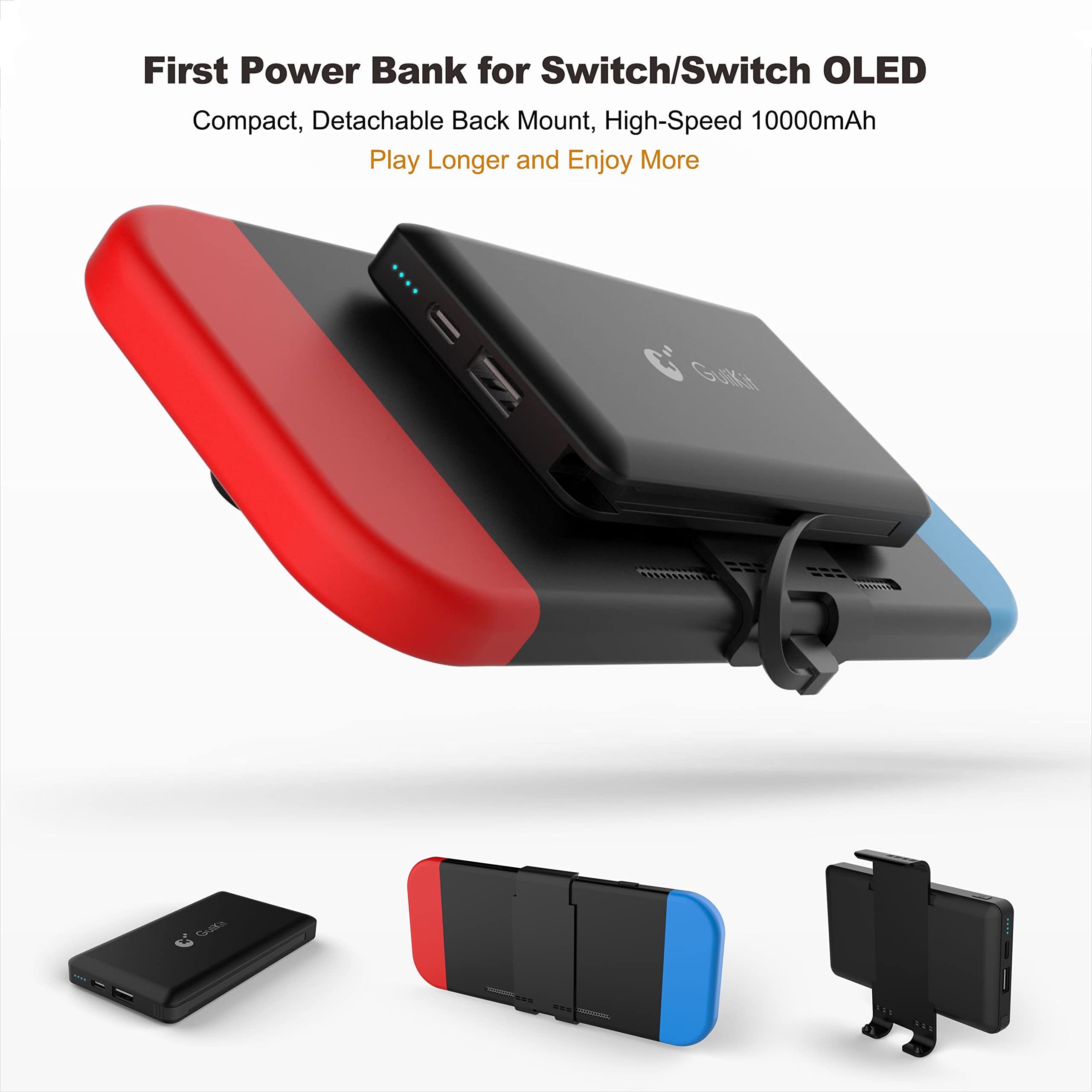 Antank Gulikit Attached Power Bank for Switch, 10000mAh 5V/3A Fast Charging Portable Charger, Rechargeable Backup Battery Pack Charging Case Compatible with Switch for Extending 10+ Playing Hours
