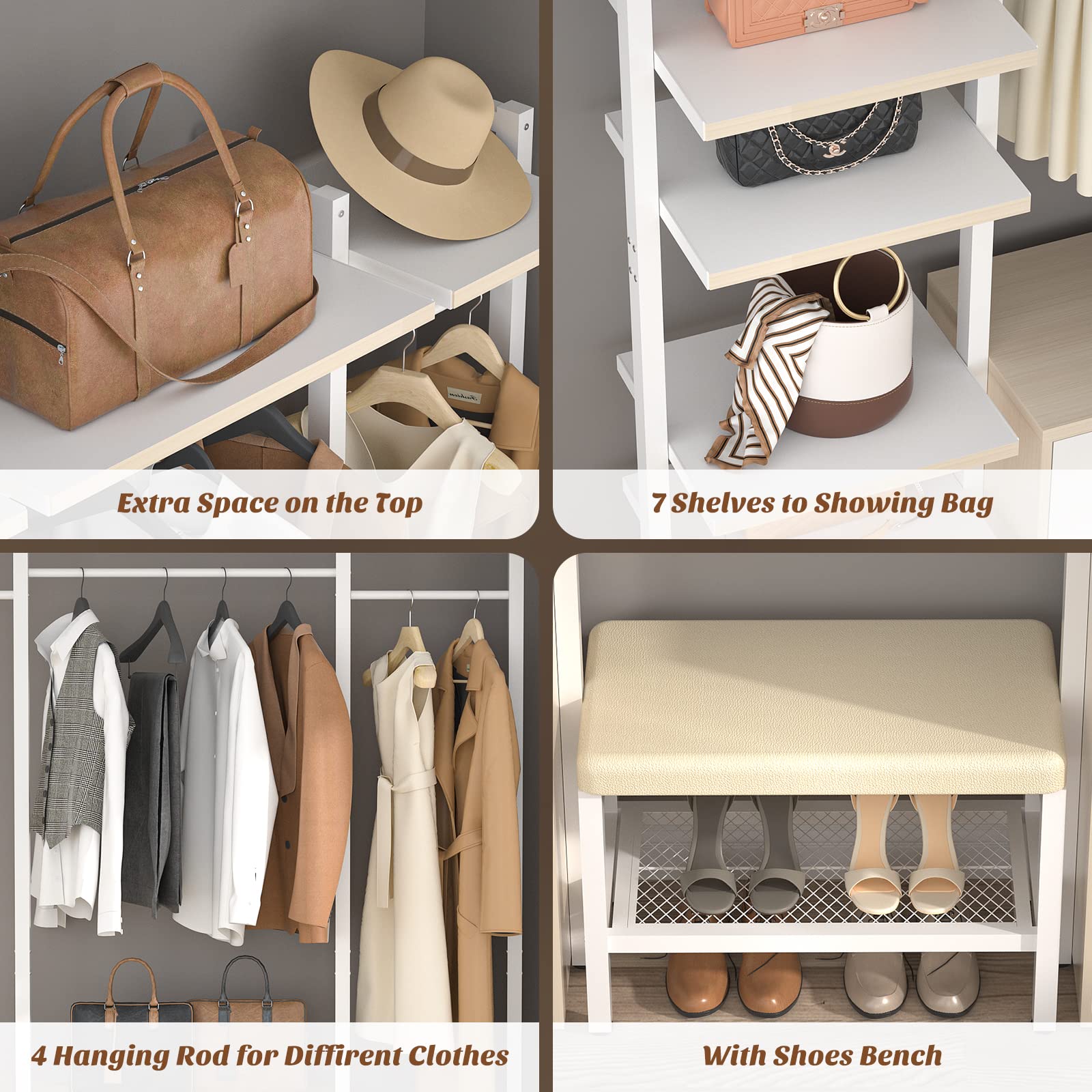 Aheaplus Clothing Rack Heavy Duty Closet Organizer for Hanging Clothes, Large Wall Mounted Garment Rack Clothes Rack with 6-Drawers for Wardrobe, Bedroom and as Walk-in Closet System, Natural+White