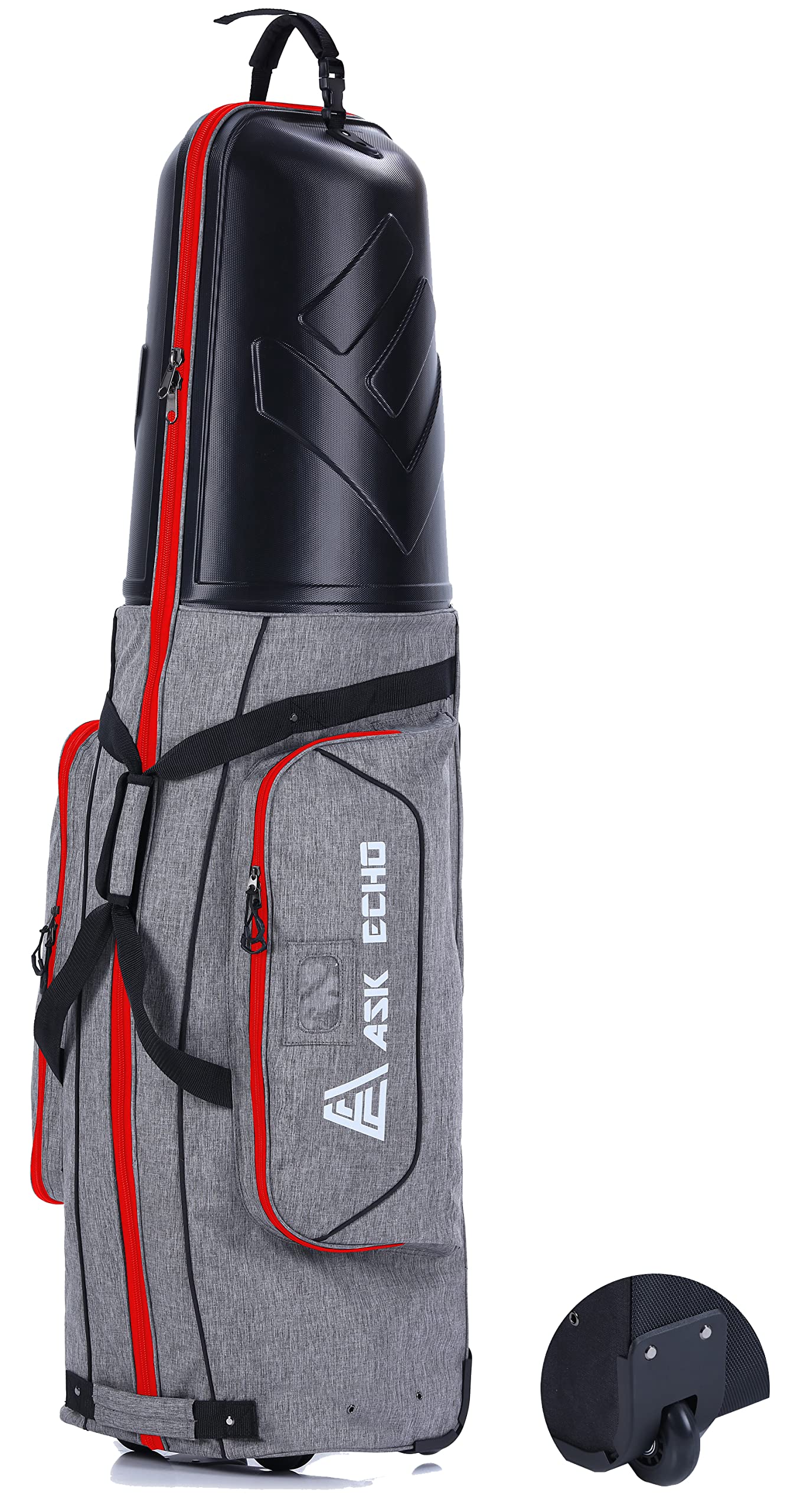 ASK ECHO Golf Travel Cover for Golf Bag with ABS Hard Top, Protect Travel Bag, with Wheels (Grey Red)
