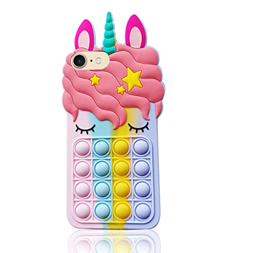 aupartuds iPhone SE Cute Case for Girls Kids,Cartoon Kawaii Funny Silicone Design Cover,Unicorn Cool Unique Stress Relief Push Pop Bubble Protective Shell for iPhone 6/6S/7/8 4.7 inch - Rainbow
