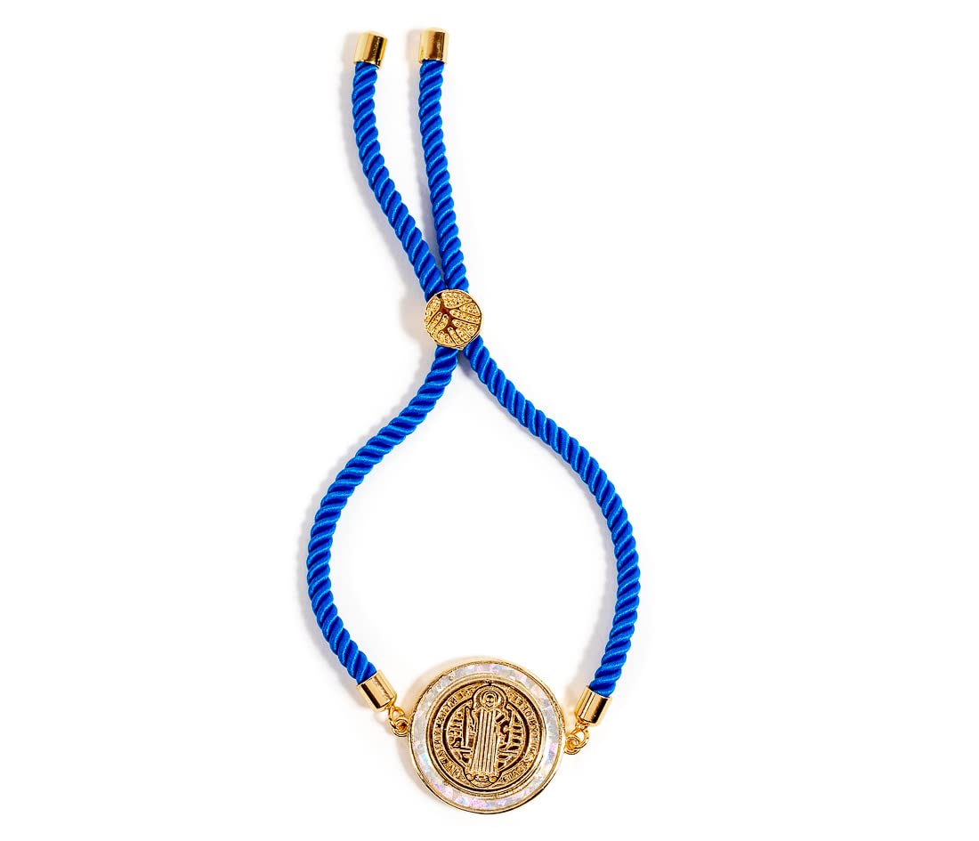 Alea Collection Catholic Blessed Saint Benedict Medal 18K Gold Plated Bracelet Blue String Religious Jewelry