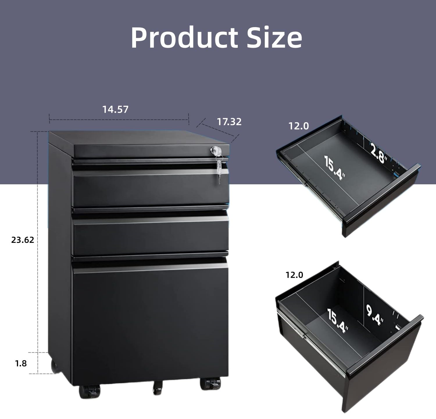 Approgreent 3 Drawer File Cabinet for Home Office, Under Desk Mobile Filing Cabinet with Lock for A4-Size/Letter-Size/Legal-Size, Fully Assembled Except Casters, Black