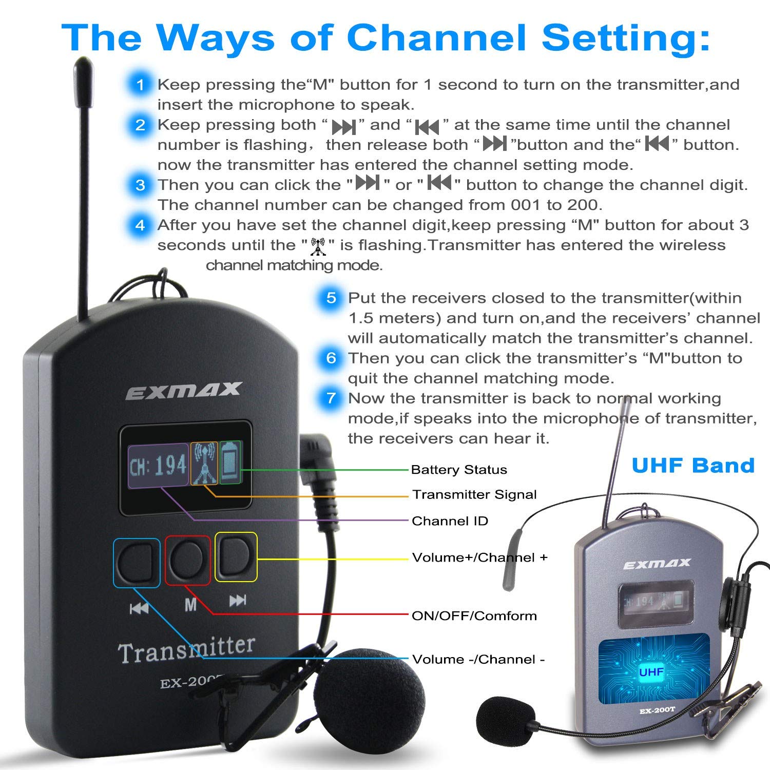 EXMAX EX-200N UHF Wireless Tour Guide System Hands-free Transmitter Receiver 200 Channels for Church Translation, City Museum Tour, Equestrian Training, hajj - 1 Transmitter & 6 Receivers