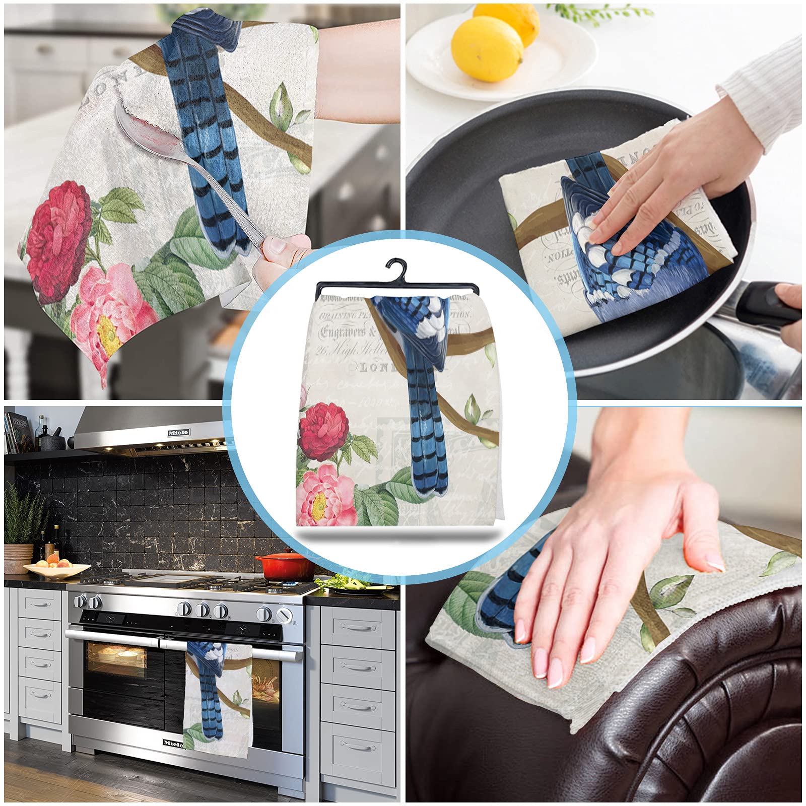 BEKYONEE Kitchen Dish Towels,3 Pack Vintage Blue Jay Birds Boho Flower and Branch Hand Towel Absorbent Dish Cloth Microfiber Terry Cloths Tea Towel for Dishes Counter/Bar Retro Letters Kraft Paper