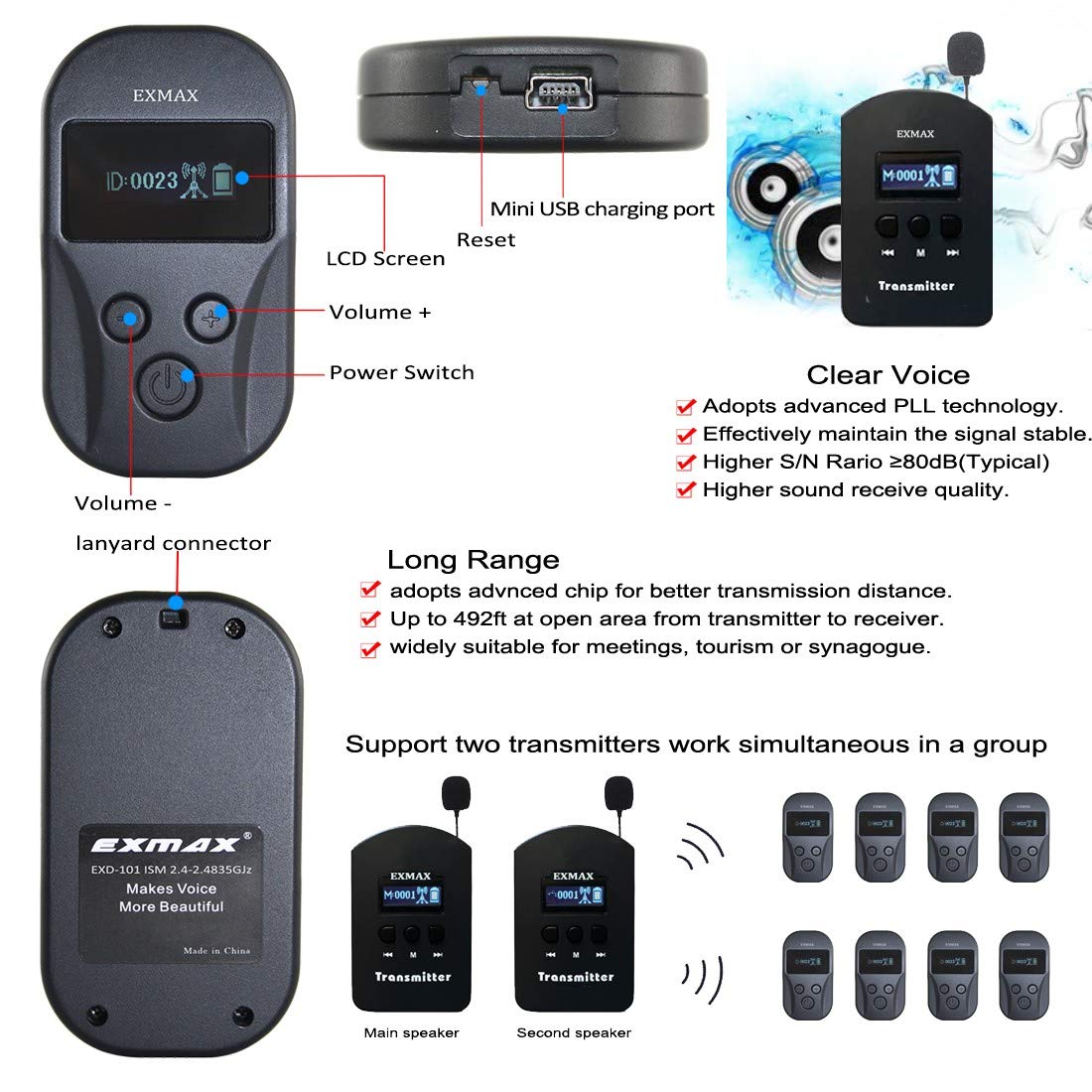 EXMAX EXD-101 2.4GHz Wireless Audio Tour Guide System 9999 Channels Hands-free Whisper Accoustic Transmission System for Training Conference Simultaneous interpretation(1 Transmitter & 1 Receiver)