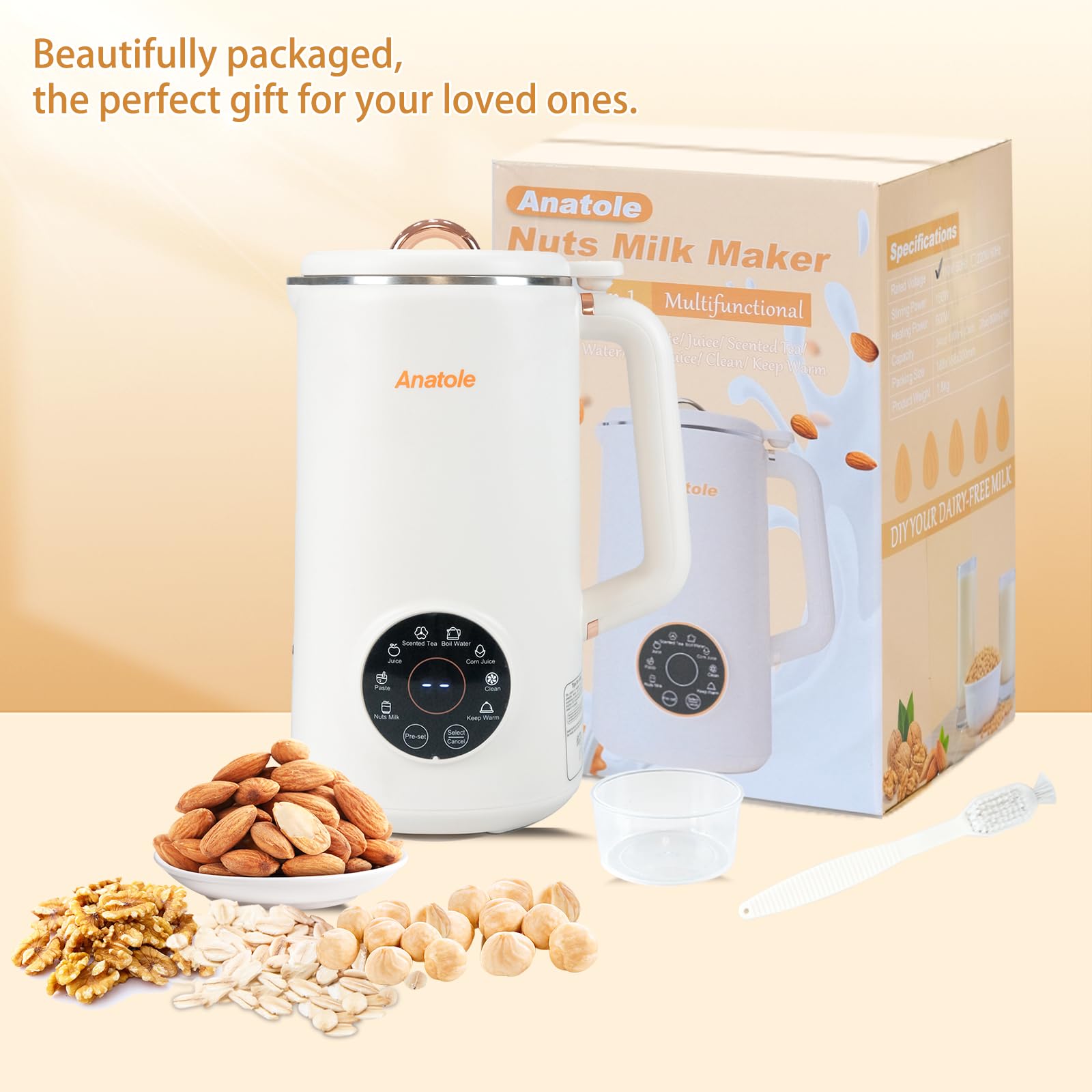 Anatole Nut Milk Maker 24oz 700ml Almond Milk Machine 8-In-1 Multifunctional Soy Oat Plant-Based Milk Blender Homemade Dairy-Free Juice Paste with 10 Stainless Steel Blades 12 Hours Timer Recipes