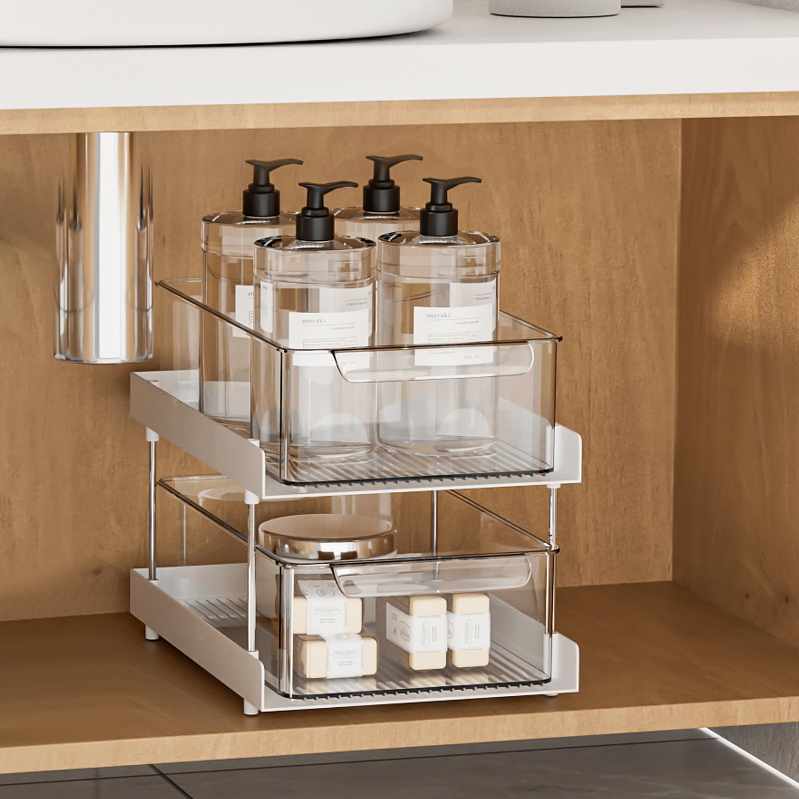 YuzhuSuye Under Sink Organizer 2 Tier Bathroom Storage and Organizer Multi-Purpose Clear Pull Out Cabinet Organizer Drawer Storage Shelves with Handles for Bathroom Kitchen Pantry Closet and Office