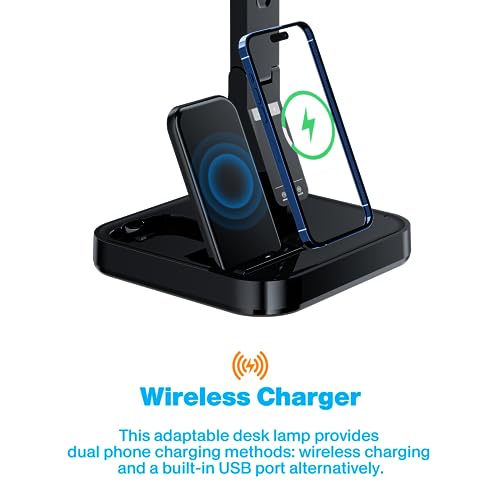 Ambertronix LED Desk Lamp, Patented Vertical Wireless Charger, 14W, 530 Lumens, Table Lamp with USB Charging Port, Dimmable Eye-Caring, 5 Brightness & 4 Light Modes, Touch Control, Auto Timer