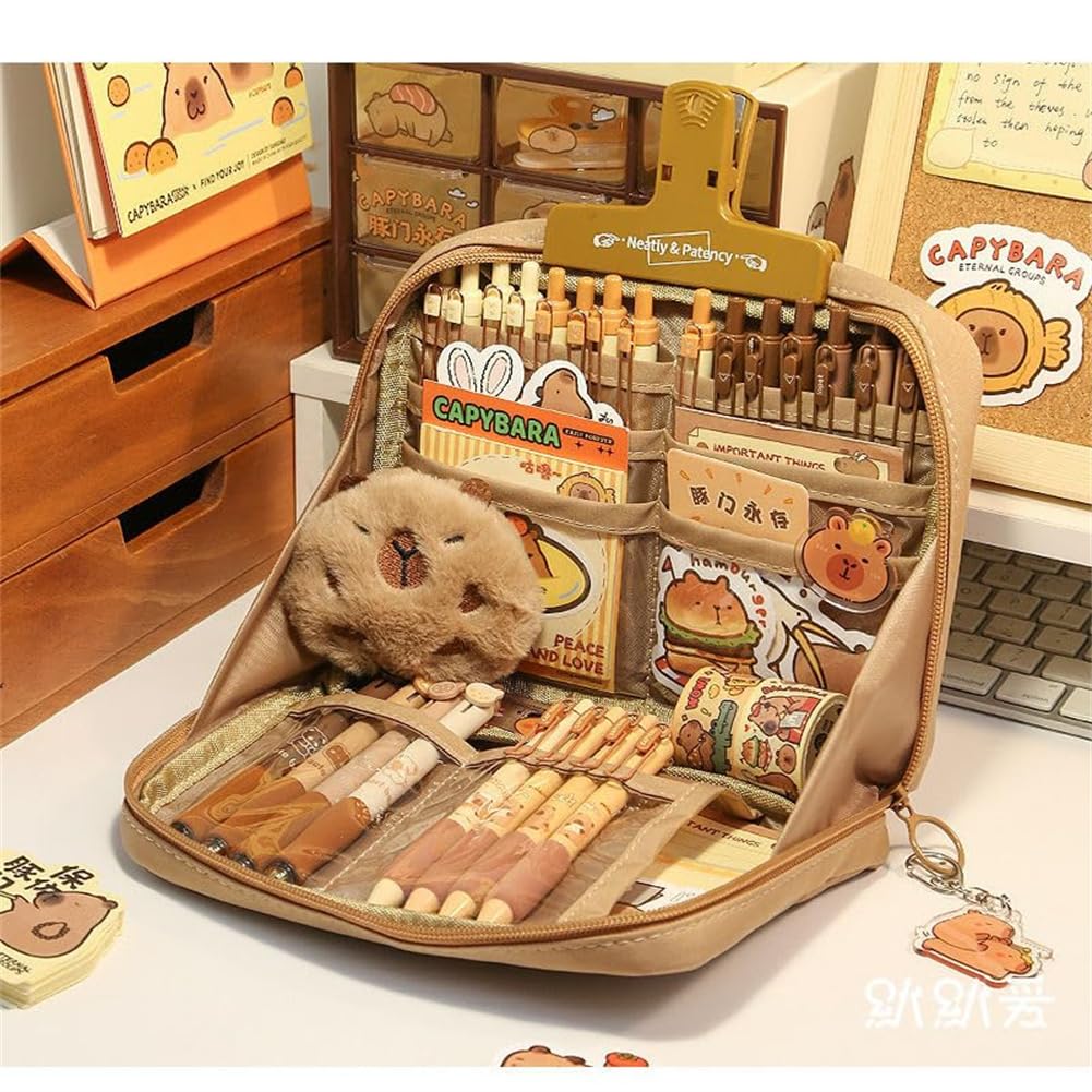 Capybara Pencil Case, Cute Capybara Pencil Case with 12 Compartments, Large Capacity Kawaii Pencil Case, 90° Wide Opening Mouth Pencil Pouch (Brown)