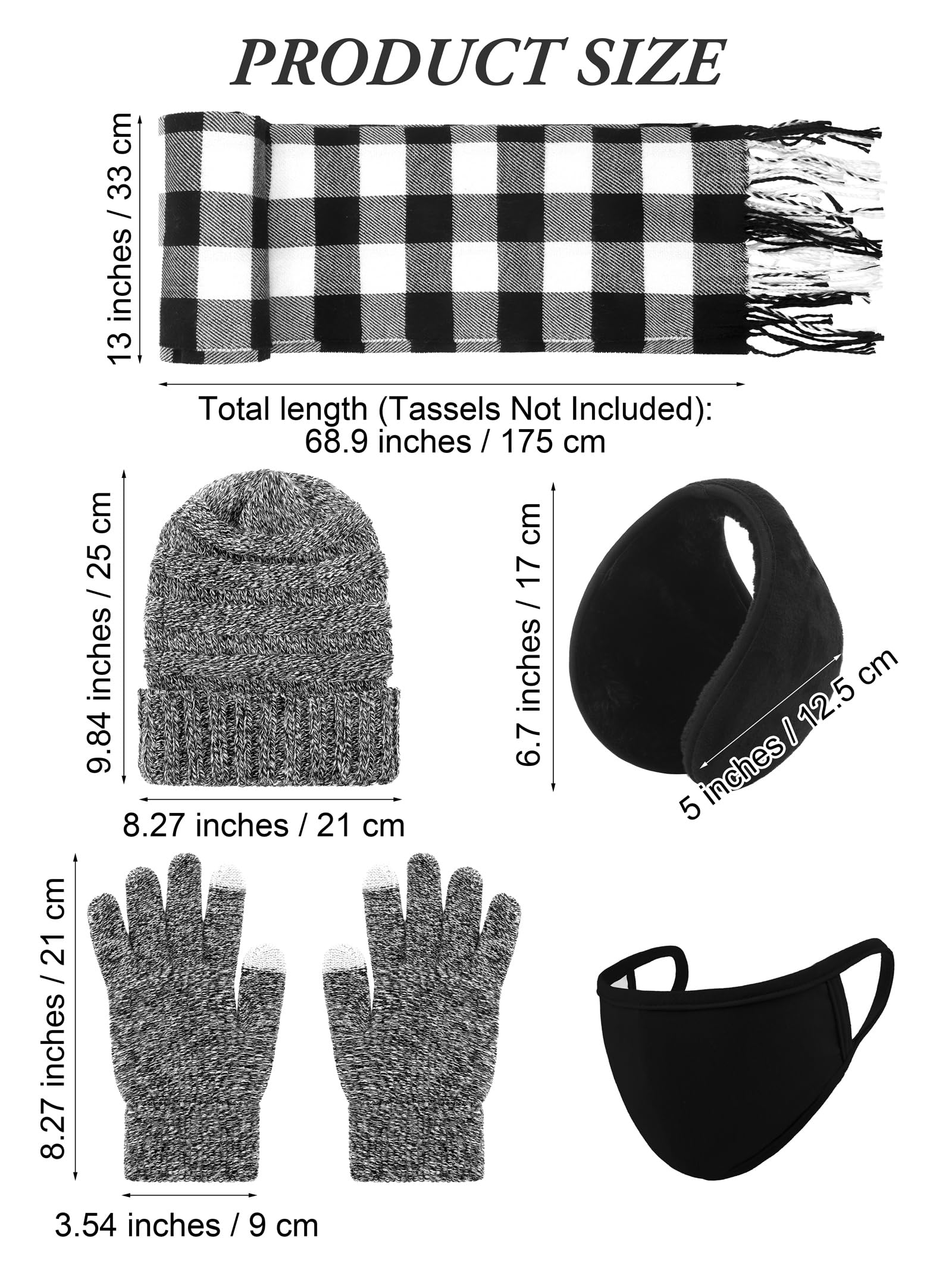 Aneco Winter Warm Sets Buffalo Plaid Scarf Knitted Beanie Hat Gloves Earloop Warm Cover for Men and Women