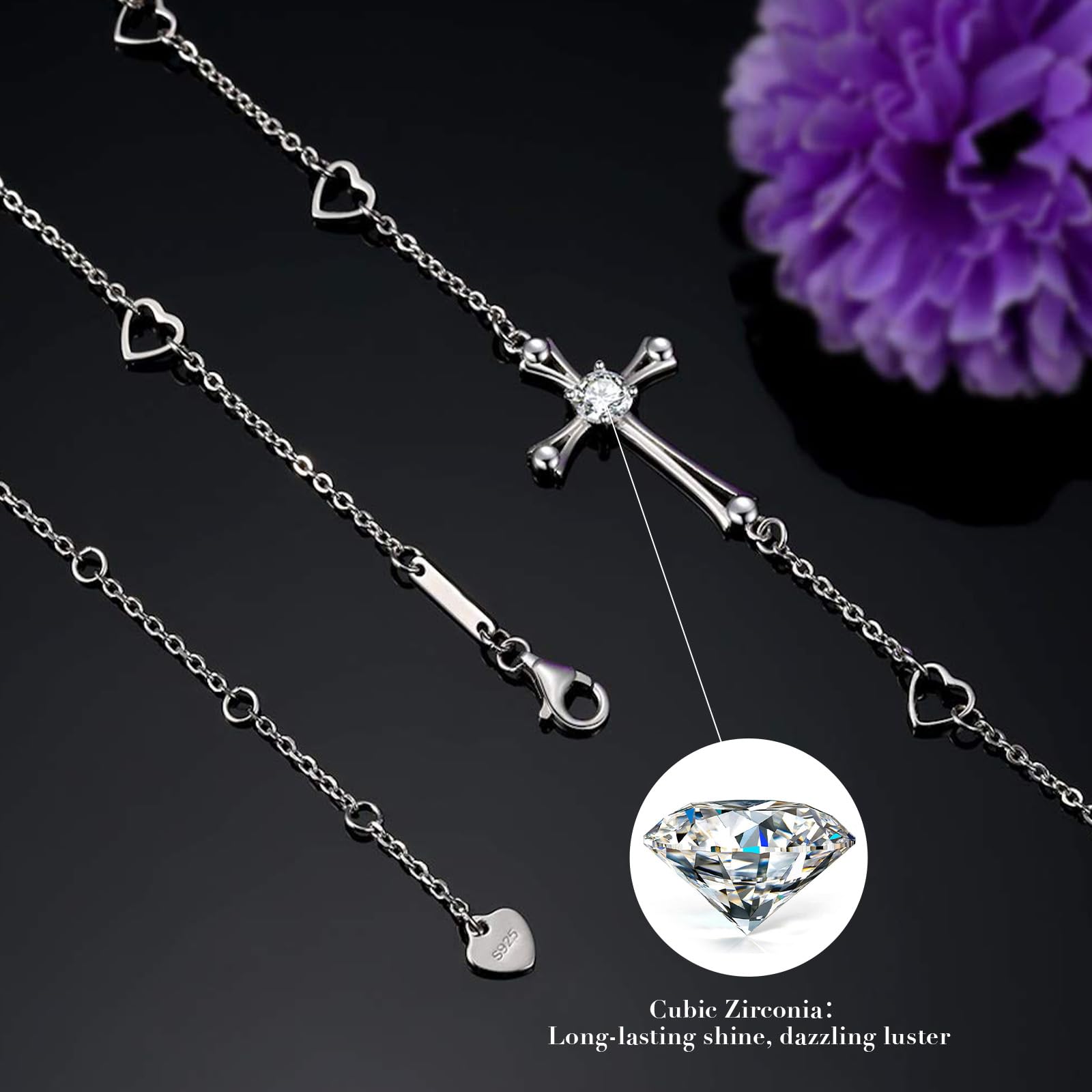 Cross Ankle Bracelet For Women, 925 Sterling Silver Charm Adjustable Foot Anklet, Large Cross Bracelet (One Cubic Zirconia Diamond Cross)