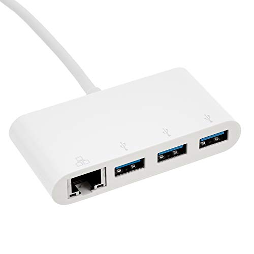 Amazon Basics 3-Port USB 3.0 Adapter with RJ45 Gigabit Ethernet Port, White, 3 USB A + 1 RJ45