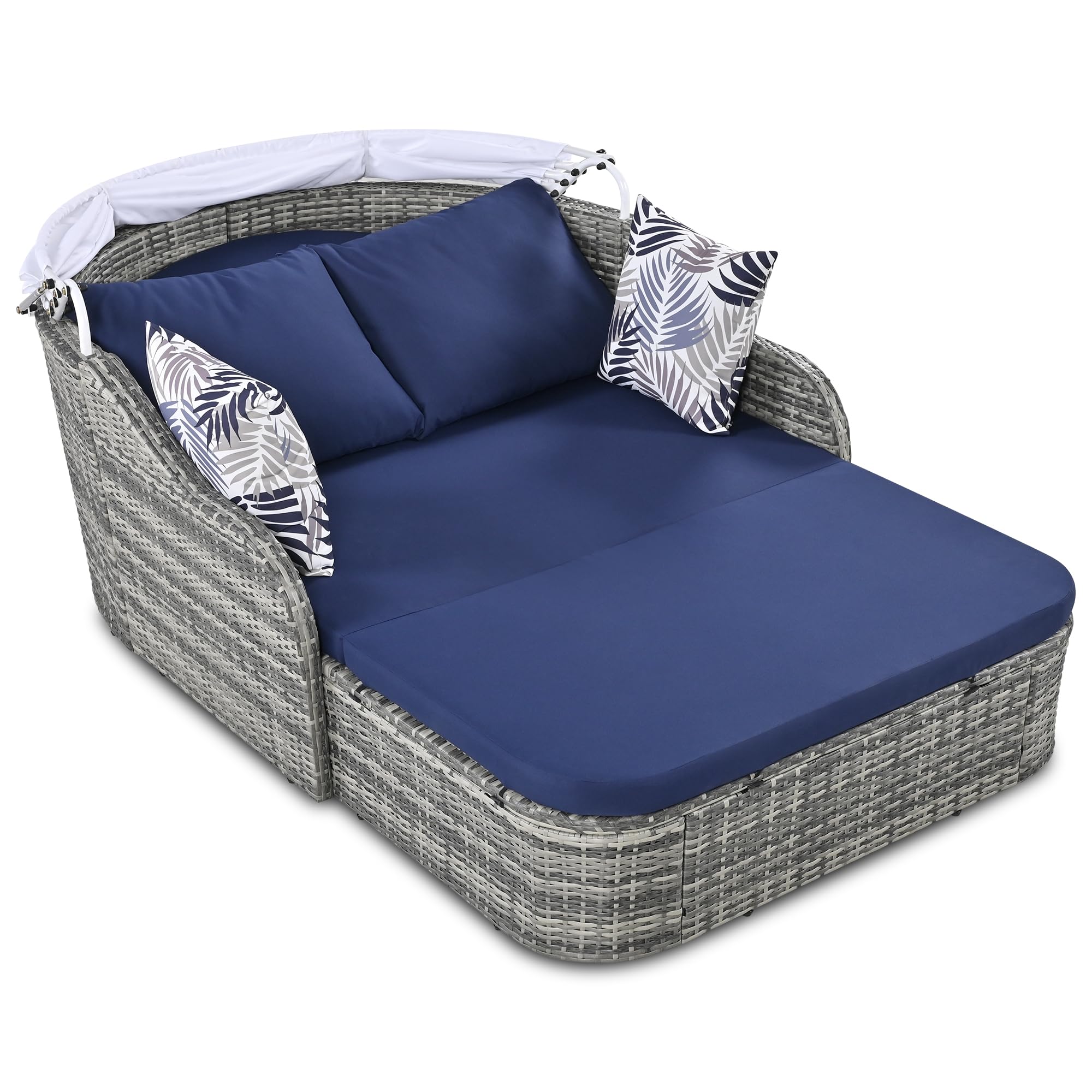 Bellemave Outdoor Patio Sunbed Daybed with Adjustable Canopy,PE Wicker Rattan Daybed Double Chaise Lounger with Cushions and Pillows for Garden, Backyard(Blue)
