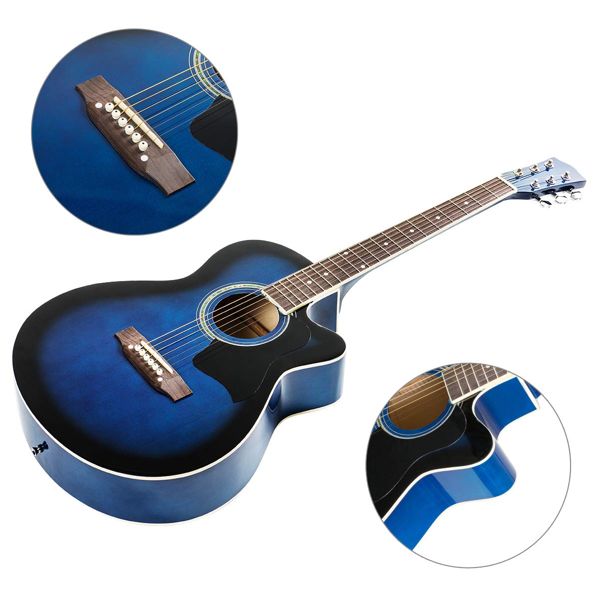ALIMORDEN 39 Inch 6 Strings Basswood Cutaway Acoustic Matte Guitar Beginner Pack, Handcrafted Guitar Student Kit with Gig Bag, Extra Strings, Strap, Picks, Glossy Blue