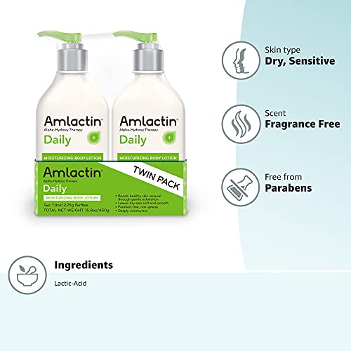 AmLactin Daily Moisturizing Lotion for Dry Skin β 7.9 oz Pump Bottles (Twin Pack) β 2-in-1 Exfoliator-Body Lotion with 12% Lactic Acid, Dermatologist-Recommended (Packaging May Vary)