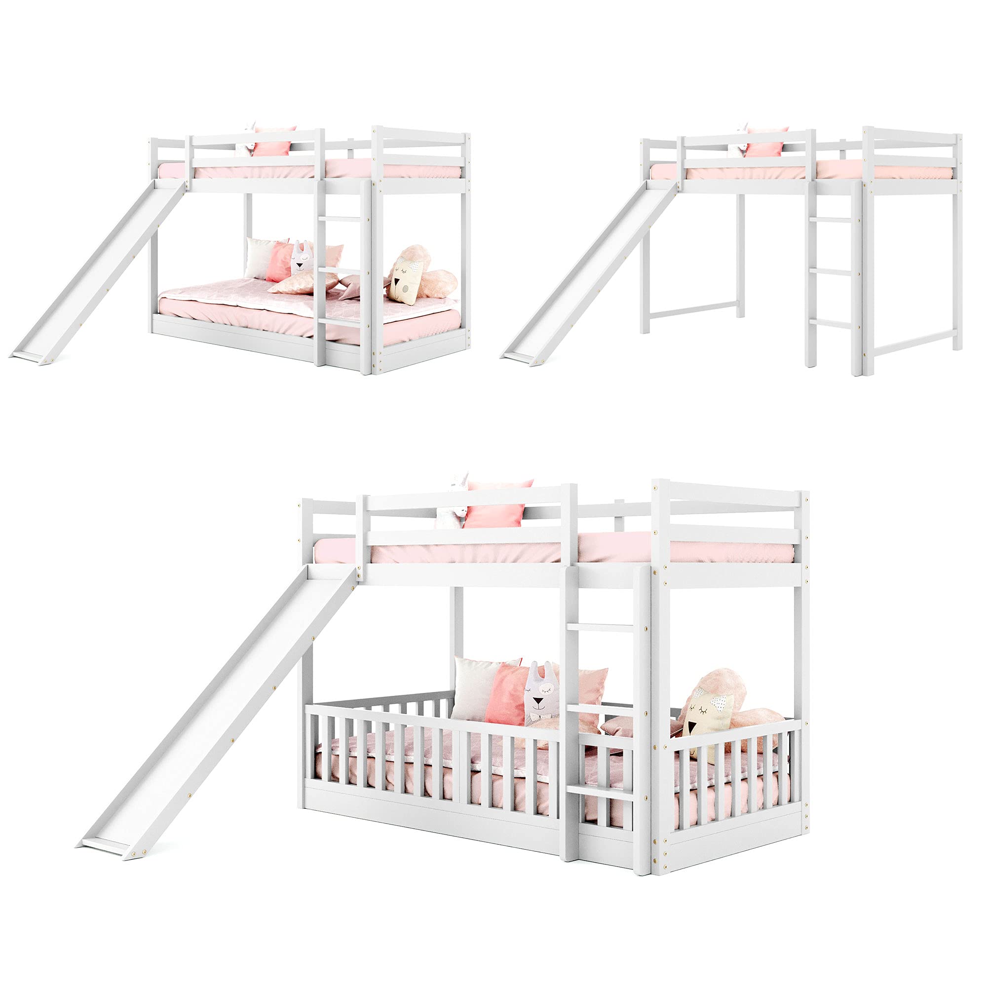 Bellemave Twin Over Twin Floor Bunk Bed with Slide and Ladder, Low Bunk Bed for Kids, Girls, Boys, Removable Fence, Bunk Bed with Slide, White